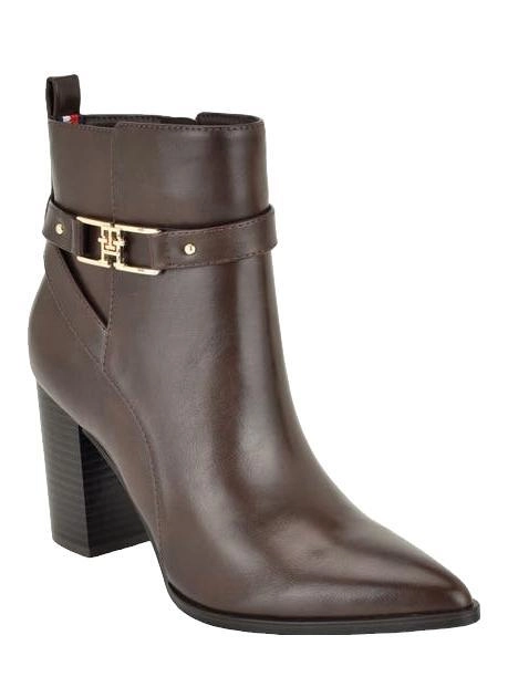 Tommy Hilfiger Midna Faux Leather Pointed Toe Block Heel Booties - Mid Brown