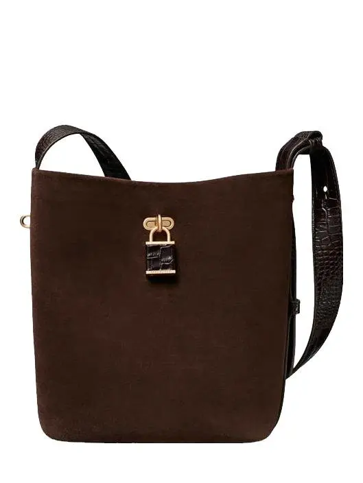 Tory Burch Lock Suede Slim Medium Bucket Bag - Dark Coco
