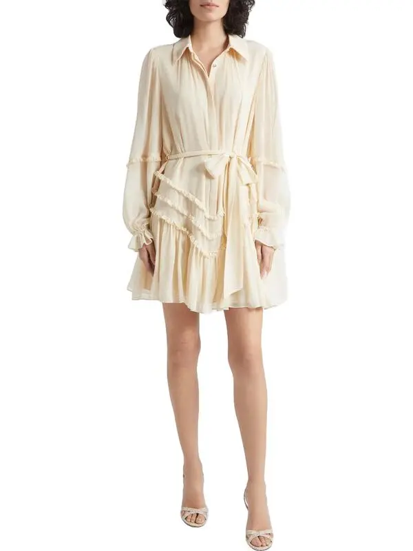 Ramy Brook Maya Ruffle Detail Long Sleeve Silk Mini Shirtdress - Bone
