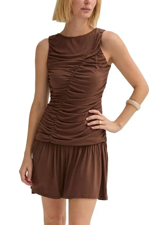 CRESCENT Ruched Knit Mini Dress - Brown
