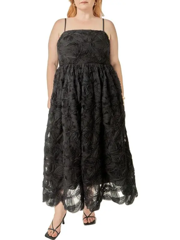 English Factory Flower Embellished Midi Dress - Black