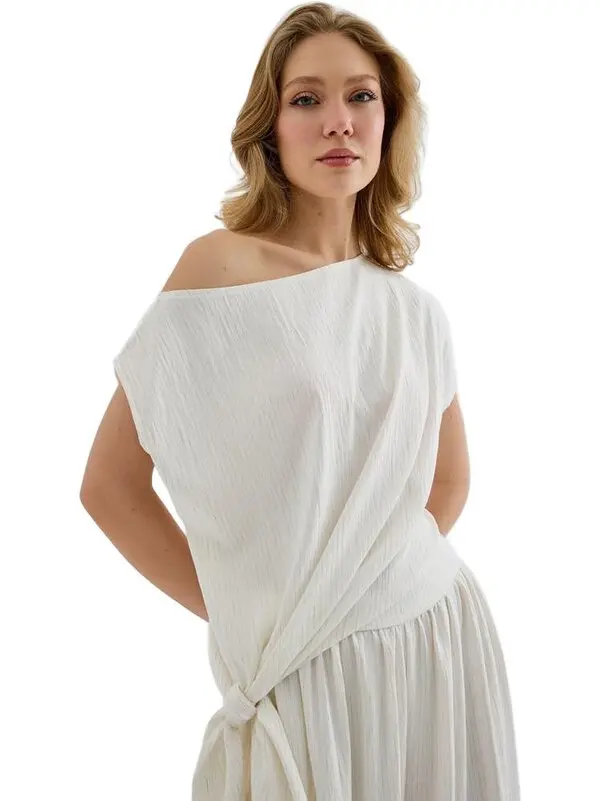 MONLICIA Torina Draped One-shoulder Viscose Top - Ecru