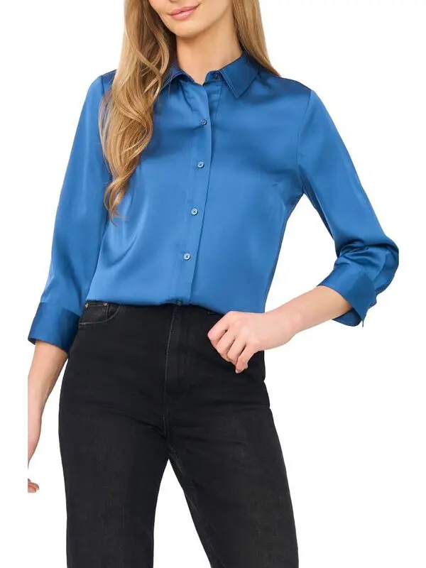 CECE DUPRAZ Button Front Satin Shirt - Blue Haze