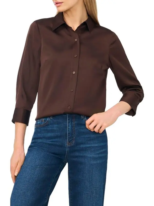 CECE DUPRAZ Button Front Satin Shirt - Coffee Bean