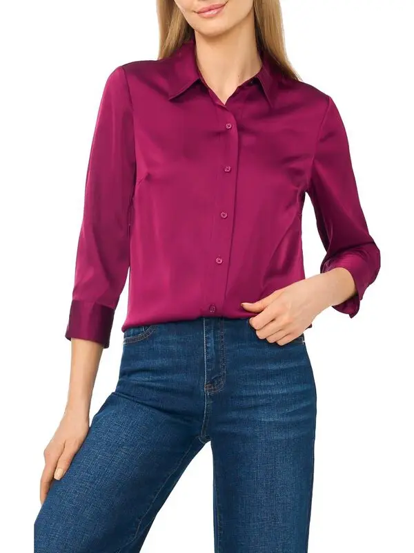 CECE DUPRAZ Button Front Satin Shirt - Deep Mulberry
