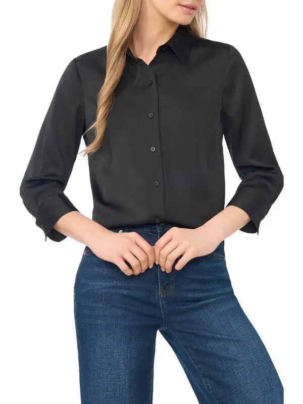CECE DUPRAZ Button Front Satin Shirt - Rich Black