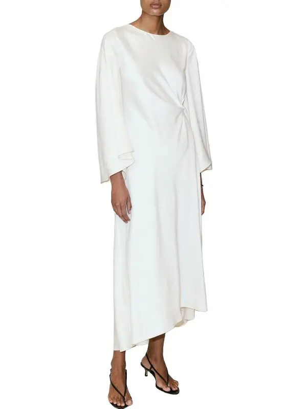 Mango Ruched Satin Midi Dress - Ecru