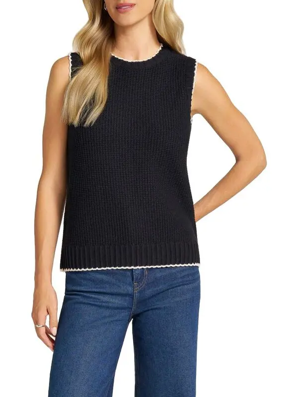 Matty M. Elm Crewneck Cotton Sweater Vest - Black/ivory