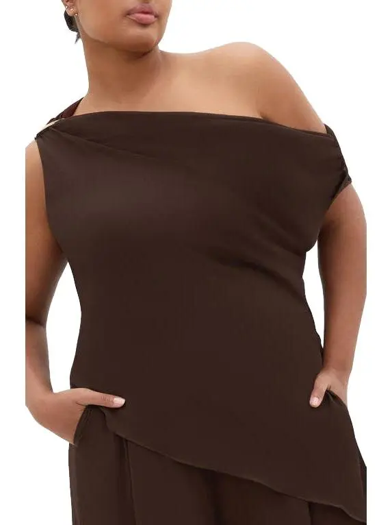 City Chic Skyla Asymmetric One-shoulder Top - Chocolate