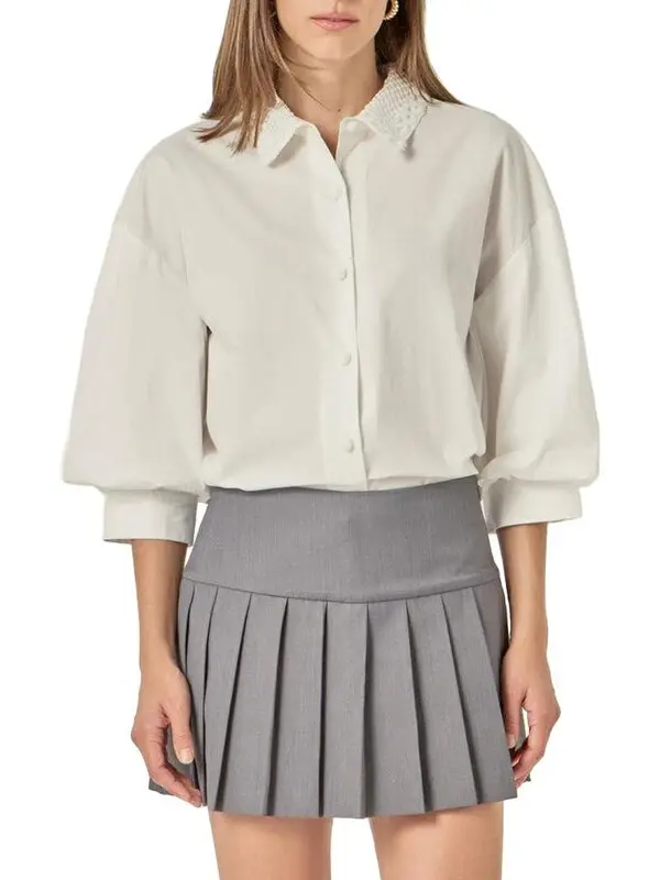 English Factory Lace Trim Blouson Sleeve Cotton Button-up Shirt - White
