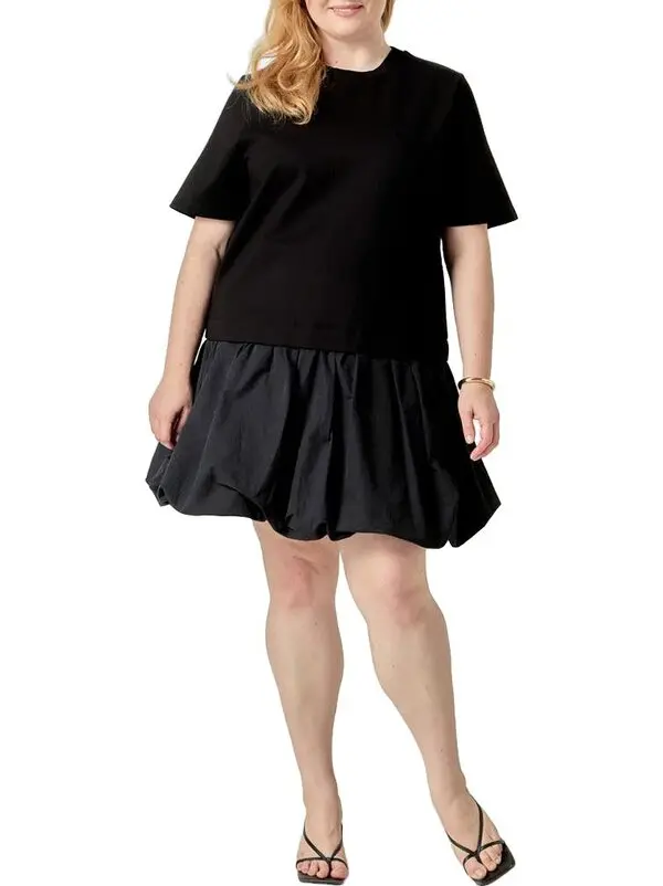 English Factory Mixed Media Bubble Hem Mini Dress - Black
