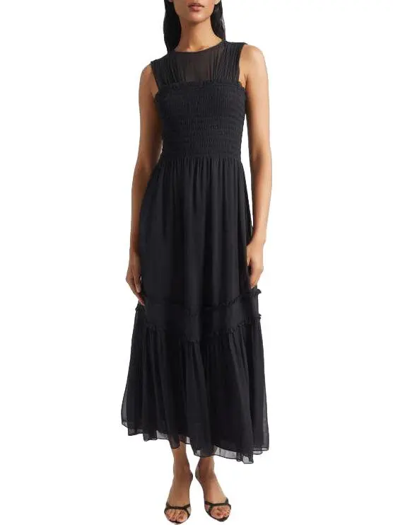 Ramy Brook Mila Smocked Silk Midi Dress - Black