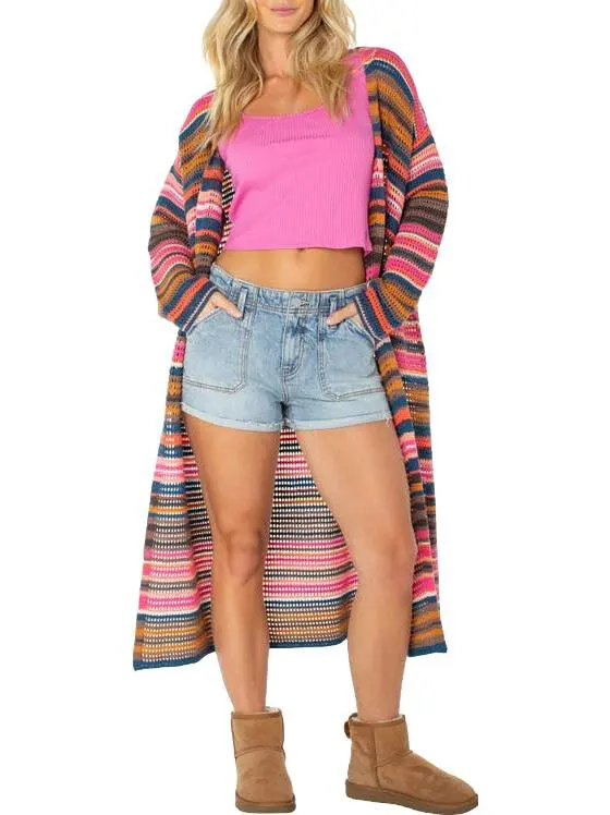 Roxy Sea Wind Longline Open Front Stripe Cardigan - Shocking P