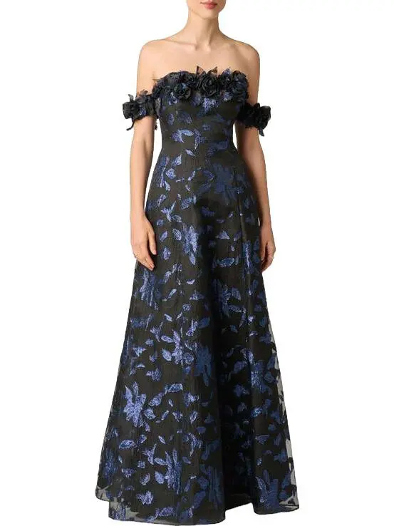 Aidan Mattox Off-the-shoulder Metallic Jacquard Organza Gown - Navy/black
