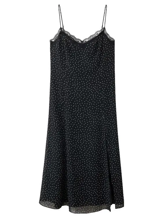 Mango Polka-dotted Dress With Lace Detail - Black