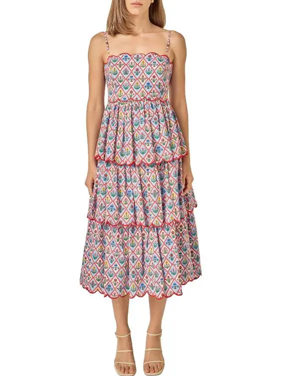 English Factory Printed Scallop Tiered Midi Dress - Multi