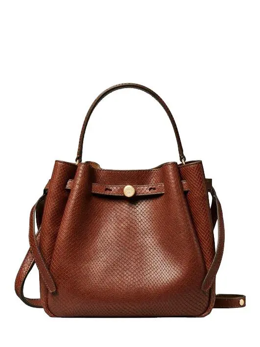 Tory Burch Romy Snake Embossed Leather Bucket Bag - Sweet Maple