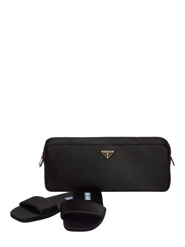 Prada Silk Satin Slippers And Travel Pouch - Black