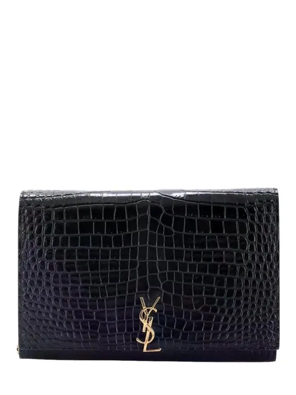 Saint Laurent Monogram Flap Chain Wallet Crocodile Embossed Leather Clutch Bag - Black