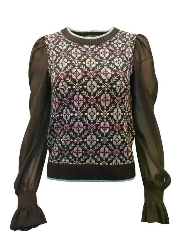 Maje Geometric Print Round Neck Long Sleeve Sweater - Black