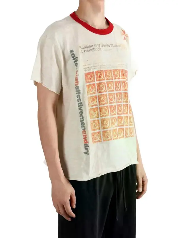 SAITOS Graphic-print Raw-edge T-shirt - Neutrals