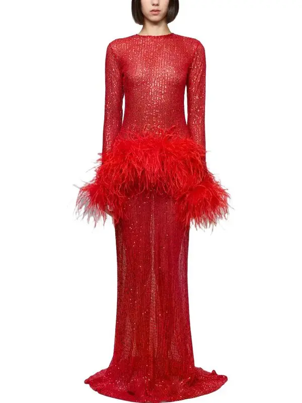 ATU BODY COUTURE Sequin-embellished Feather-trim Maxi Dress - Red
