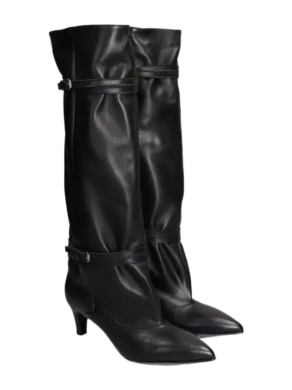STRATEGIA SHOES Buckled Leather Knee-high Boots - Black