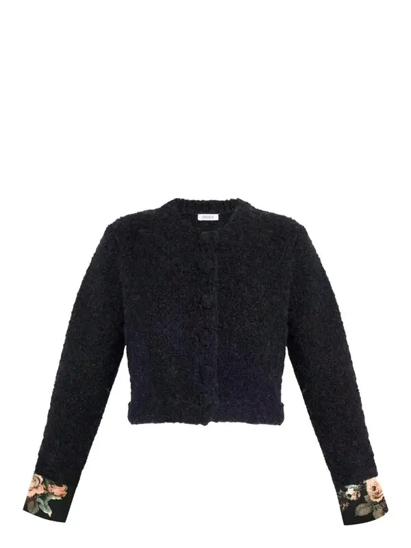 Erdem Bouclé Cardigan With Floral Cuffs - Black
