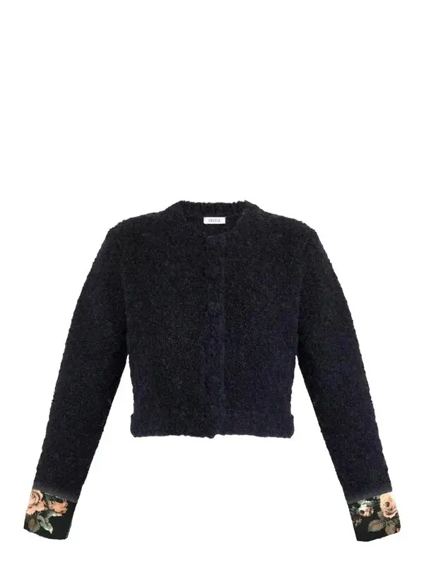 Erdem Bouclé Cardigan With Floral Cuffs - Black