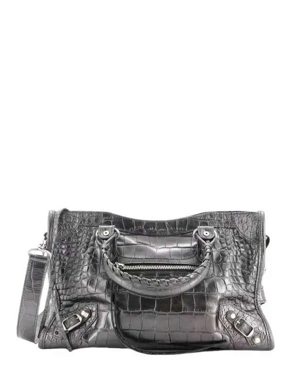 Balenciaga City Classic Studs Crocodile Embossed Leather Satchel - Grey