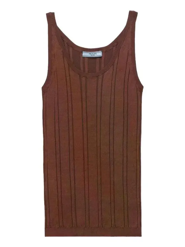 Prada Ribbed Knit Scoop Neck Cotton Top - Brown