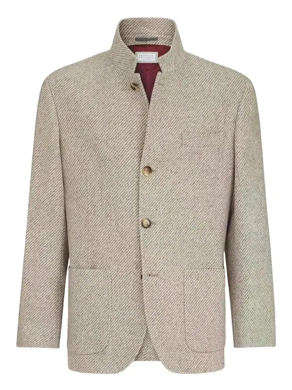 Brunello Cucinelli Cashmere And Silk Diagonal Outerwear Blazer With Patch Pockets - Neutrals