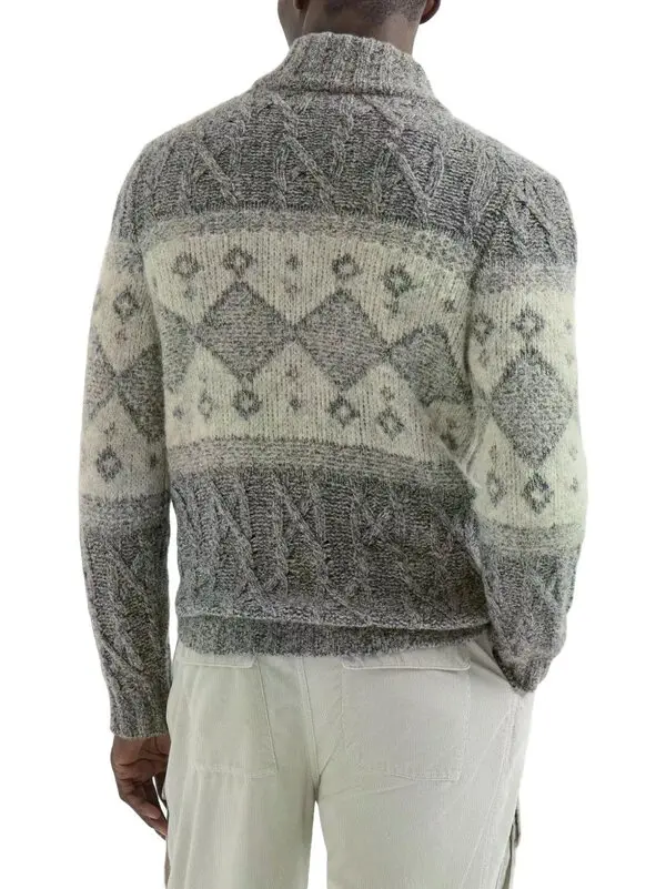 Brunello Cucinelli Virgin Wool, Silk, And Cashmere Chiné Cable Knit Cardigan With Intarsia - Grey