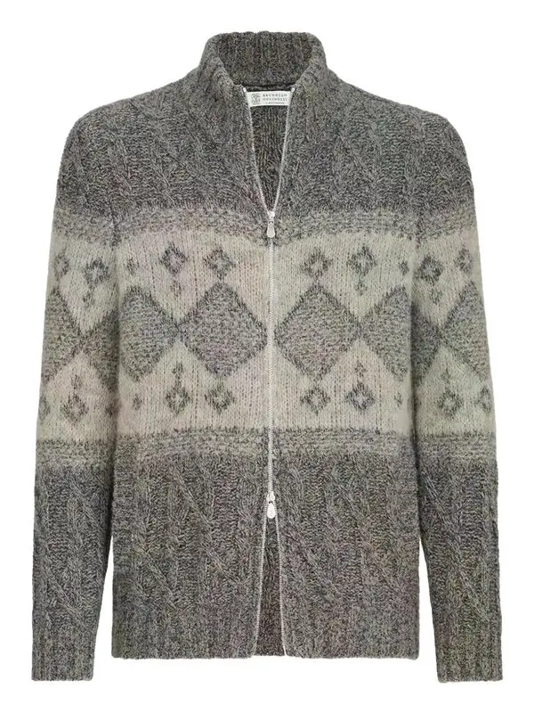 Brunello Cucinelli Virgin Wool, Silk, And Cashmere Chiné Cable Knit Cardigan With Intarsia - Grey