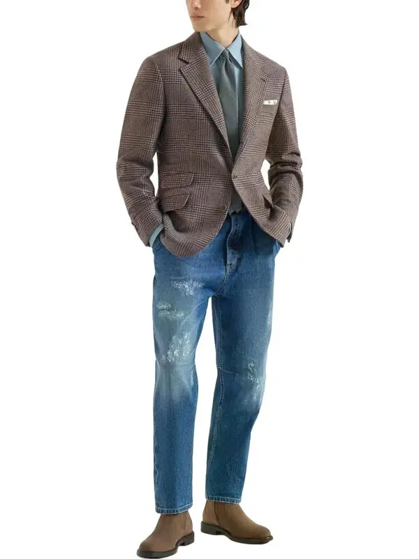 Brunello Cucinelli Comfort Wool And Cashmere Prince Of Wales Flannel Deconstructed Cavallo Blazer - Brown