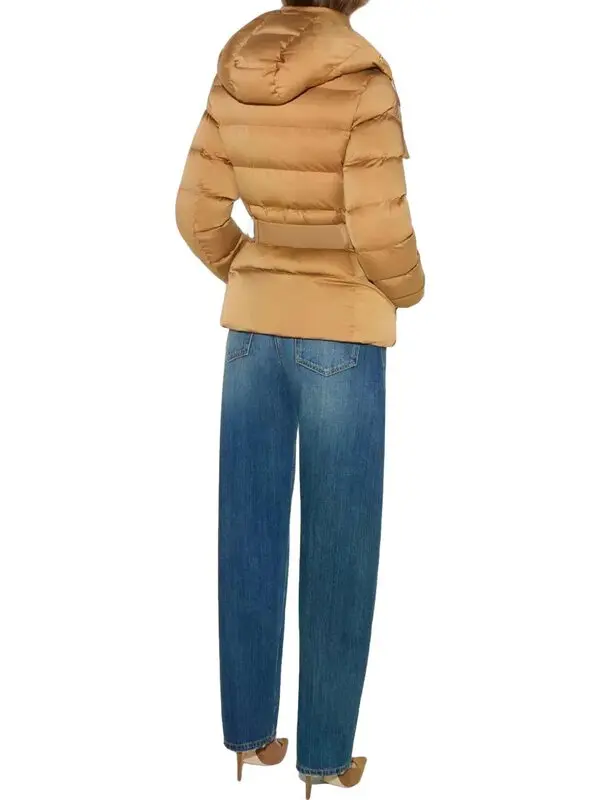 Elisabetta Franchi Down Jacket In Voile Fabric With Jewel Buckle Belt - Neutrals