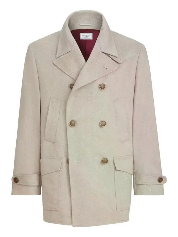 Brunello Cucinelli Cashmere Chevron Flannel Pea Coat - Neutrals