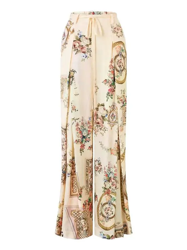 Camilla Tie-detail Floral-print Wide-leg Pants - Neutrals
