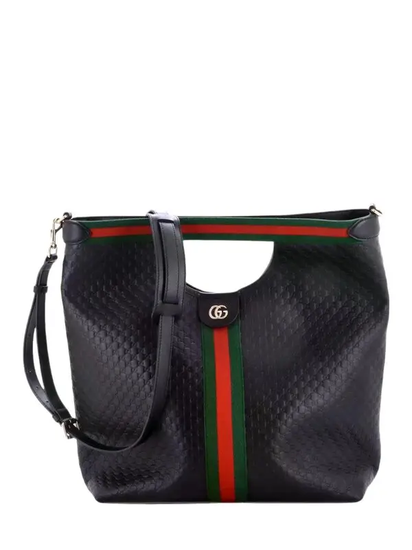 Gucci Leather Shopper Tote Bag With Green And Red Web Detail - Black