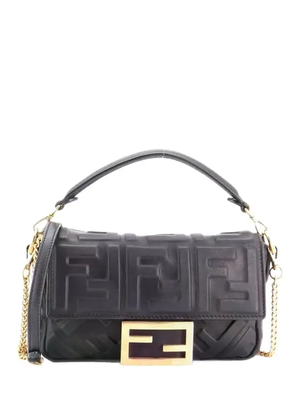 Fendi Baguette Nm Bag Zucca Embossed Leather Mini Crossbody Bag - Black