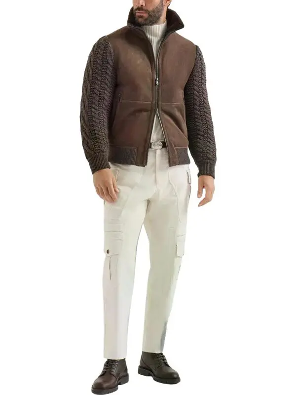 Brunello Cucinelli Suede Shearling And Cashmere Knit Bomber Jacket With Thermore® Padding - Brown
