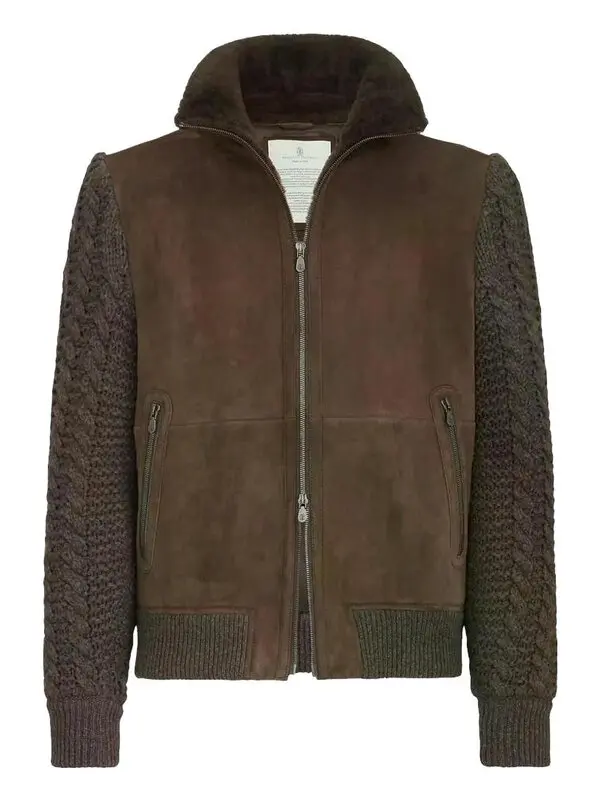 Brunello Cucinelli Suede Shearling And Cashmere Knit Bomber Jacket With Thermore® Padding - Brown