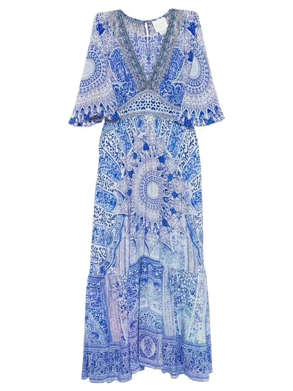 Camilla Graphic-print Ruffled-hem Dress - Blue