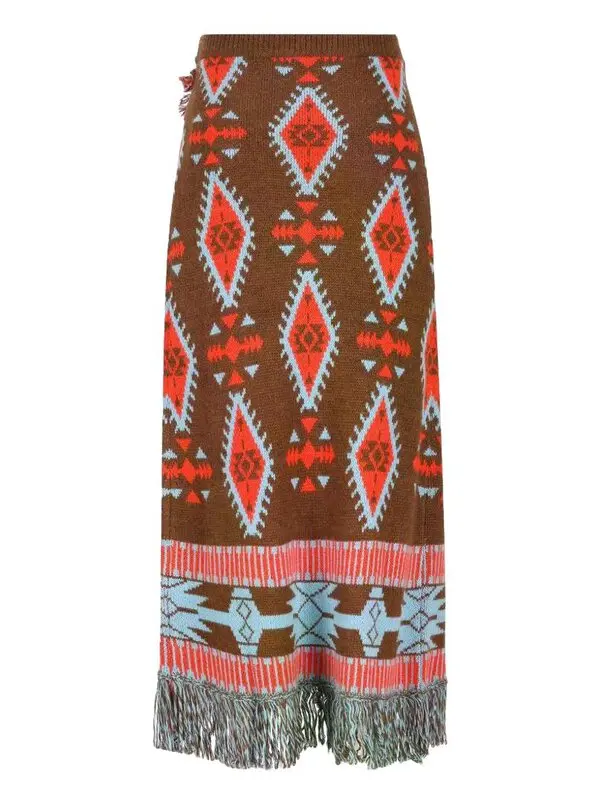 COLOUR MARKET Fringed Intarsia-knit Maxi Skirt - Brown