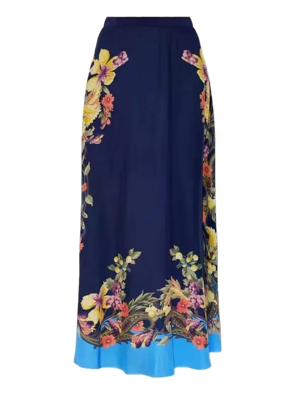 Etro Floral Print Silk Midi Skirt - Blue