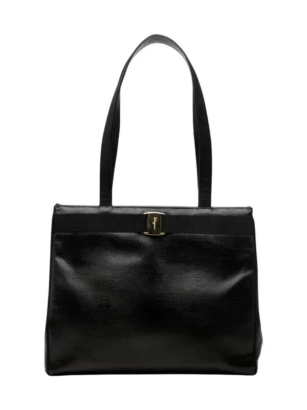 FERRAGAMO 2000-2026 Lizard Embossed Leather Vara Tote Bag - Black