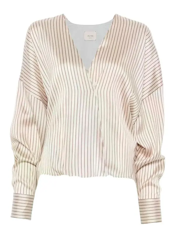 ALYSI Vertical Stripe Long Sleeve V-neck Blouse - Neutrals