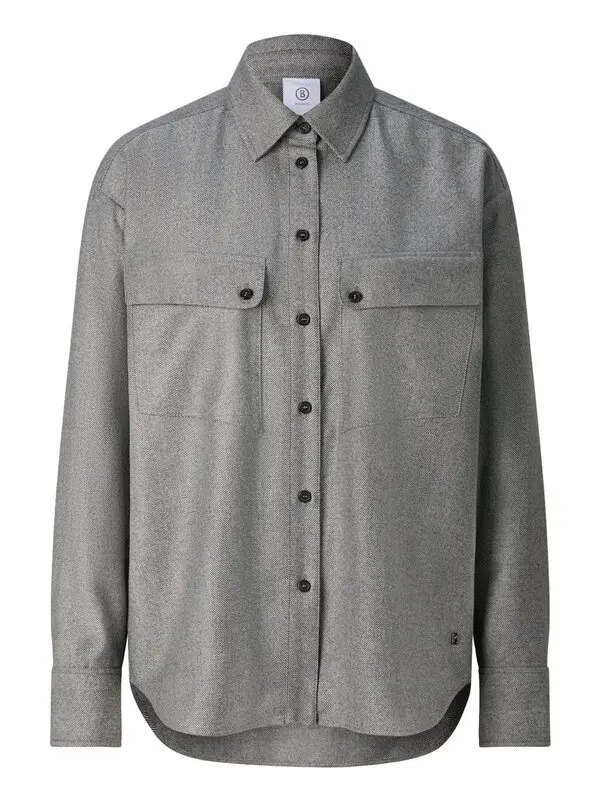 Bogner Robyn Virgin Wool Herringbone Flannel Shirt Blouse - Gray
