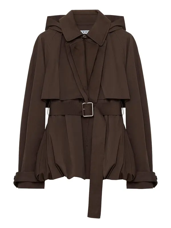 Loewe Belted Short Cotton Trench Coat With Hood - Brown