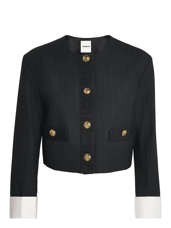 Sandro Cropped Tailored Jacket With Pin Stripes - Black
